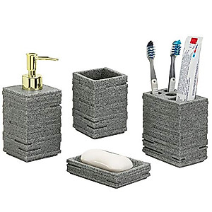 MyGift 4 Piece Gray Bathroom Accessories Set, Modern Stone Style Bath Decor Countertop Organizers Includes Brass Tone Lotion/Liquid Soap Dispenser Pump, Toothbrush Holder, Tumbler, and Soap Dish