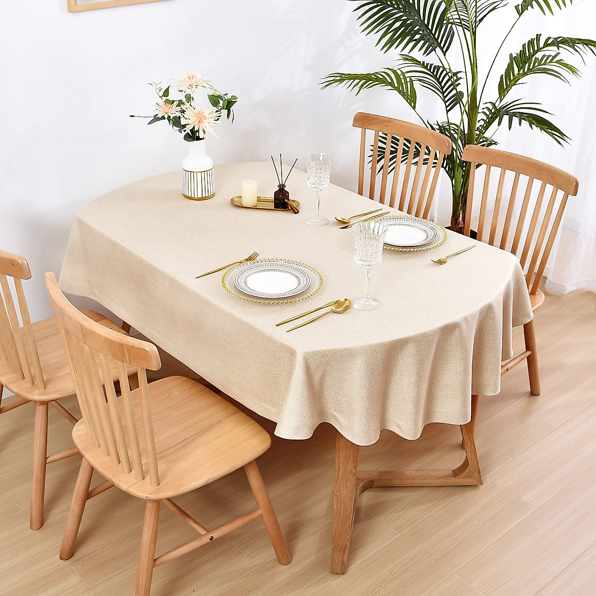 Wolkemer Faux Linen Oval Tablecloth Heavy Duty Wrinkle Resistant Fabric Table Cloths 60 x 84 Inch Beige Farmhouse Rustic Table Cover for Kitchen Dining Indoor Outdoor Tabletop Decoration