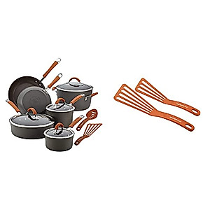 Rachael Ray Cucina Dishwasher Safe Hard Anodized Nonstick Cookware Pots and Pans Set, 12 Piece, Gray with Orange Handles & Kitchen Tools and Gadgets Nylon Cooking Utensils, 2 Piece, Orange
