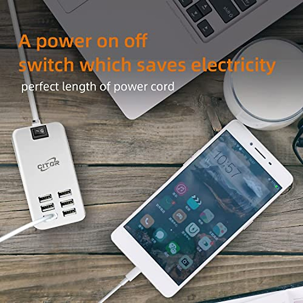 Multi USB Charger, 6 Port USB Charging Station for Multiple Devices, Phone, Tablet, Power Strip with ON/Off Switch (White)