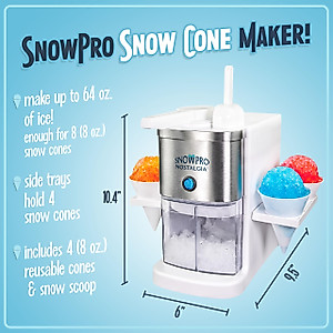 Nostalgia SnowPro Electric Shaved Ice & Snow Cone Maker 64-Ounce Ice Shaving Capacity, 4 Reusable Cones, Side Shelves, and Scoop Included