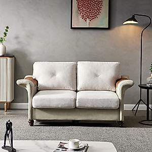 KoiHome Upholstered Loveseat Couch with Side Pockets and Storage Space Under Seat, 61.5" 2-Seater Linen Fabric Faux Leather Sofa Chaise with Curved Arms for Living Room,Bedroom,Office, Wood Leg, Beige