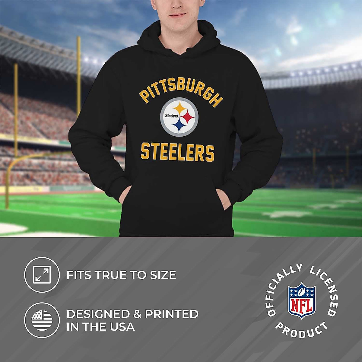 Team Fan Apparel NFL Adult Gameday Hooded Sweatshirt - Poly Fleece Cotton Blend - Stay Warm and Represent Your Team in Style (Pittsburgh Steelers - Black, Adult Large)