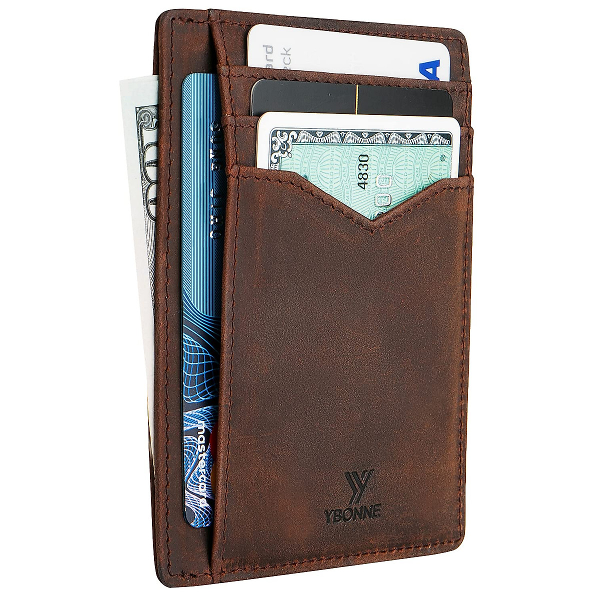 YBONNE Thin Front Pocket Wallet for Men and Women, RFID Blocking Card Holder, Made of Finest Genuine Leather (Brown)