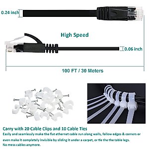 DAYEDZ Ethernet Cable 100 ft 2 Pack Cat 6 Flat Cable Ethernet Cord, Slim Long Cat6 High Speed Computer Router Network LAN Patch Wire with Clips & Rj45,Faster Than Cat5e/Cat5,100 feet White+Black