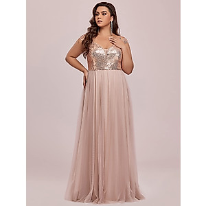 Ever-Pretty Women's Cap Sleeve Sequin Plus Size A-line Tulle Wedding Party Dress Long Rose Gold US24