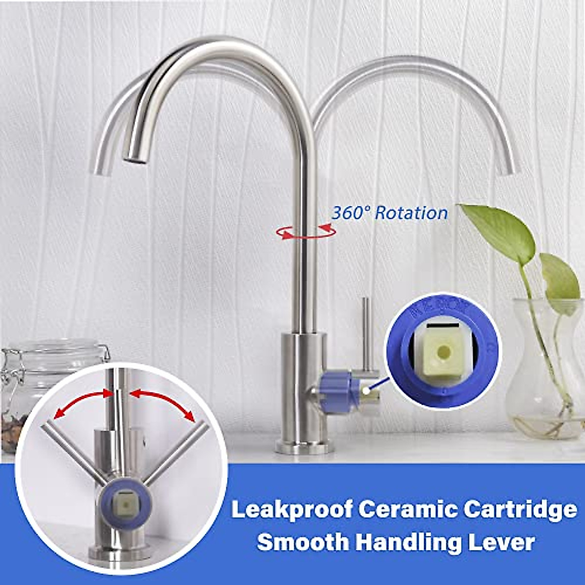 Trywell Single Hole Kitchen Faucet Prep Bar Sink Tap One Handle Lever Brushed Solid Stainless Steel 360 Rotating Gooseneck Cold Hot Mixer Water
