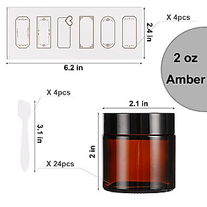 24 Pack 2oz Amber Glass Jars with Black Lids, Round Empty Containers for Scrubs, Lotions, Cosmetic, and Ointments, Travel Storage Jar with White Inner Liners, lables and Spatulas
