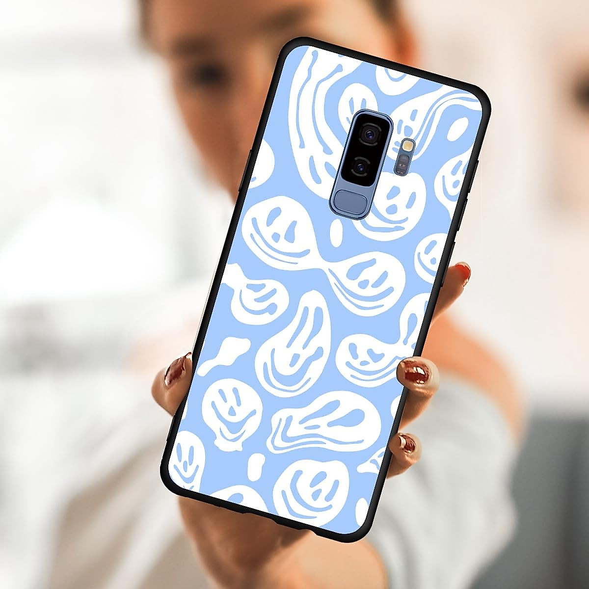 zaztify Phone Case for Samsung Galaxy S9 Plus, Pastel Light Blue White Funny Trippy Dripping Smile Melted Hippie Smiling Skull Ghost Face Shockproof Protective Cover Shell