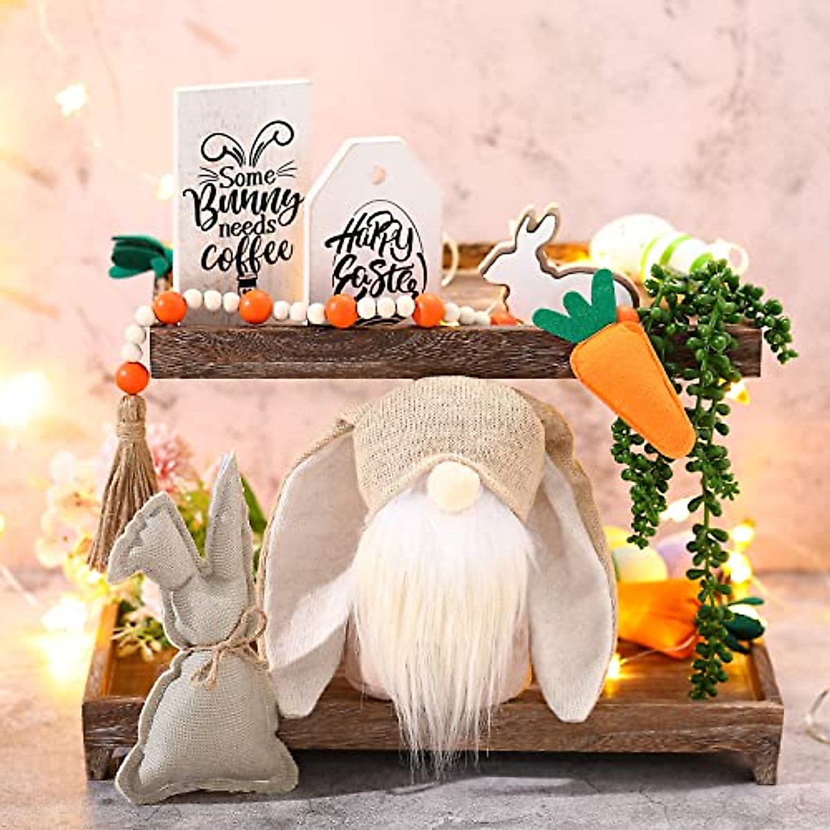 7 Pieces Farmhouse Easter Tiered Tray Decor Bunny Table Wooden Sign Gnome Plush Wooden Bead Garland for Farmhouse Home Kitchen Coffee Bar Decor