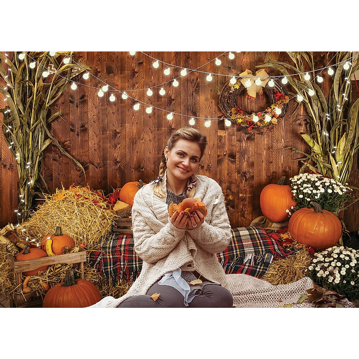 WOLADA 7x5FT Fall Backdrops for Photography Thanksgiving Backdrop Fall Haystack Photo Backdrop Farm Harvest Backdrop Pumpkin Barn Vintage Wooden Plank Background Newborn Photo Backdrop 12480