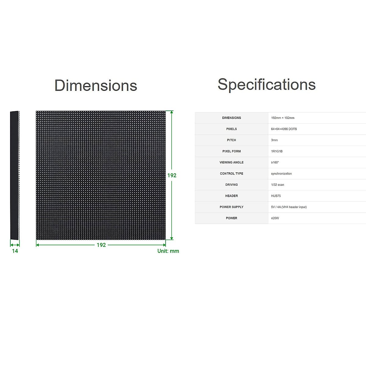 Waveshare RGB Full-Color LED Matrix Panel 3mm Pitch 64×64 Pixels 4096 Individual RGB LEDs Adjustable Brightness Compatible with Raspberry Pi
