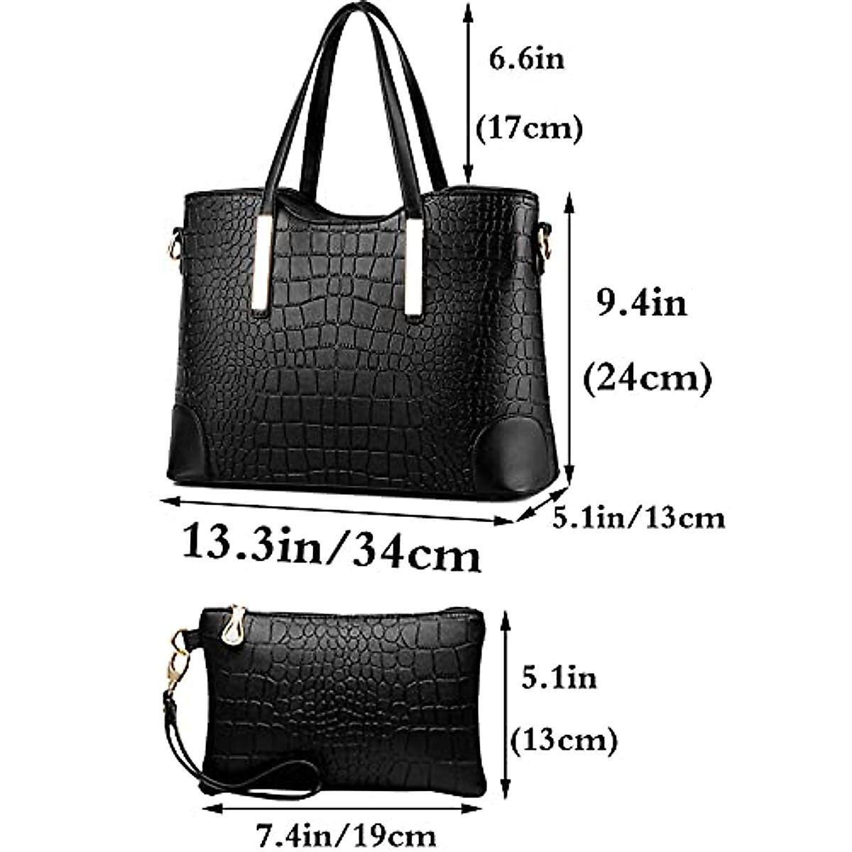 FiveloveTwo Women Ladies 2Pcs Purse and Handbags Tote PU Stiching Top Handle Satchel Shoulder Bag Clutches Black