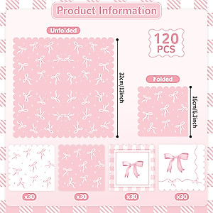 120 Pcs Pink Bow Napkins Birthday Party Decorations Bow Theme Bachelorette Party Supplies Pink Bow Hand Towel Dinner Napkins Party Decor for Girl Bridal Engagement Baby Shower Tea Bday Ribbon Favor