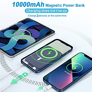 AOGUERBE Magnetic Wireless Portable Charger, 10000mAh Wireless Power Bank PD 22.5W Fast Charging with USB-C LED Display Mag-Safe Battery Pack Compatible for iPhone 15/14/13/12 Pro/Mini/Pro Max（Blue）