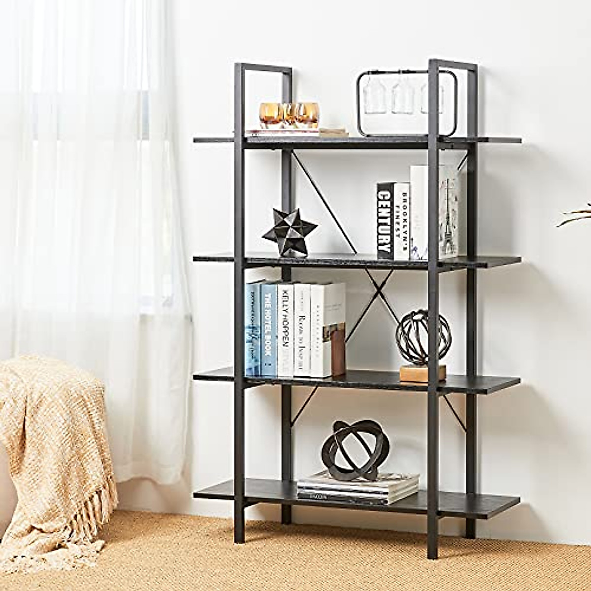 glitzhome Wooden Industrial Bookcase 4 Shelf Bookshelf Rustic Open Shelf Vintage Wood and Metal Etagere Bookcase Black Heavy Duty Bookshelf Low Office Display Bookshelves Short Farmhouse Shelves