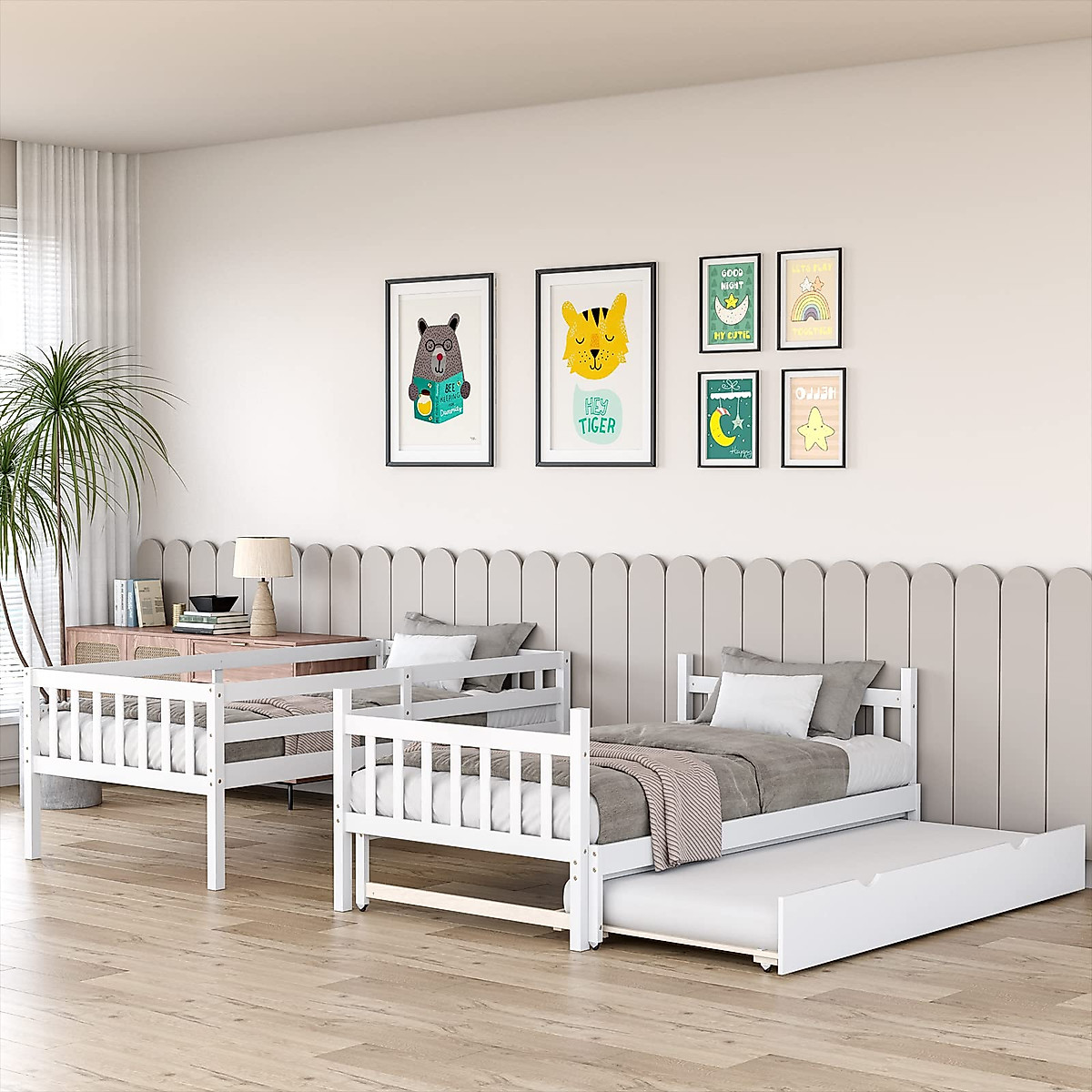 KOTEK Pull-Out Bunk Bed with Trundle, Twin Over Full, Twin Over 2 Twins Bunk Bed with Ladder & Safety Rails Accommodate 4 People, Detachable Solid Wood Bunk Bed for Kids, Adults (White)