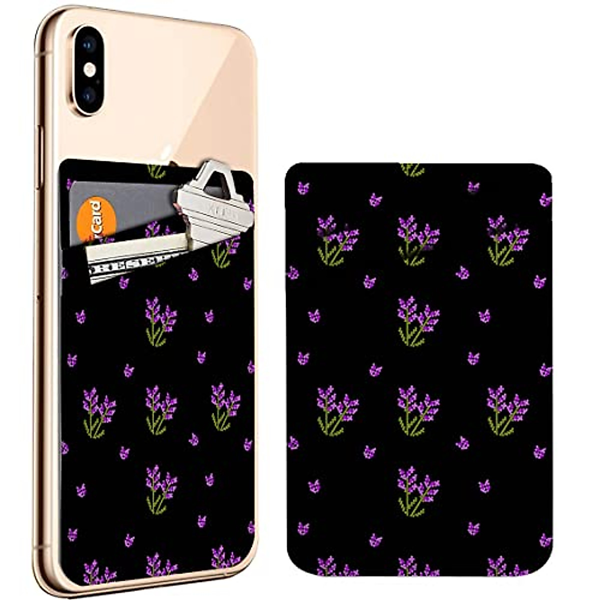 Diascia Pack of 2 - Cellphone Stick on Leather Cardholder ( Floral Lavender Flowers Pattern Pattern ) ID Credit Card Pouch Wallet Pocket Sleeve