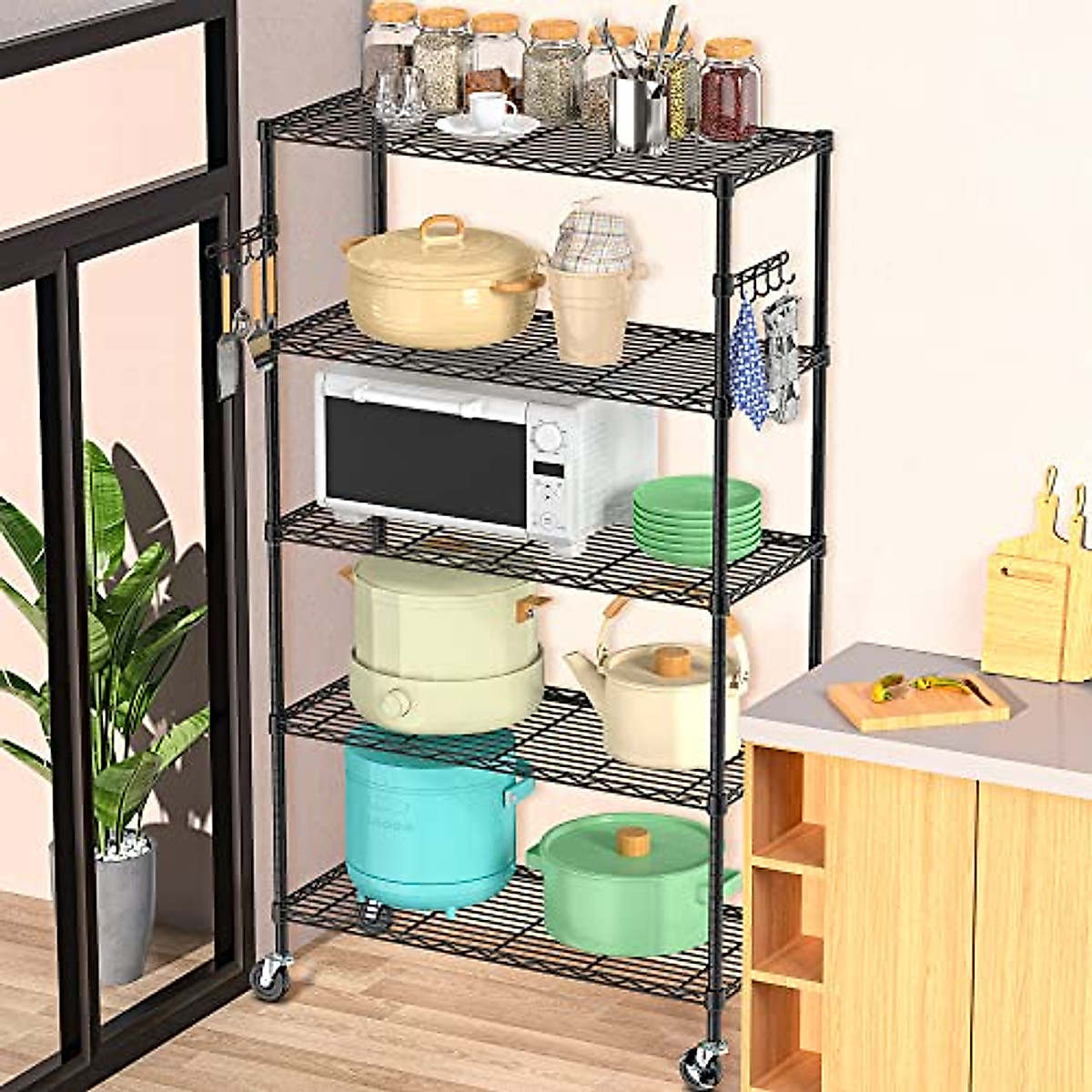 5 Tier Storage Shelves with Wheels - Metal Shelves for Storage Heavy Duty Adjustable Wire Shelving Unit Storage Shelf Organizer Storage Rack for Kitchen Garage Pantry Closet Laundry(36L x 14W x 75H)