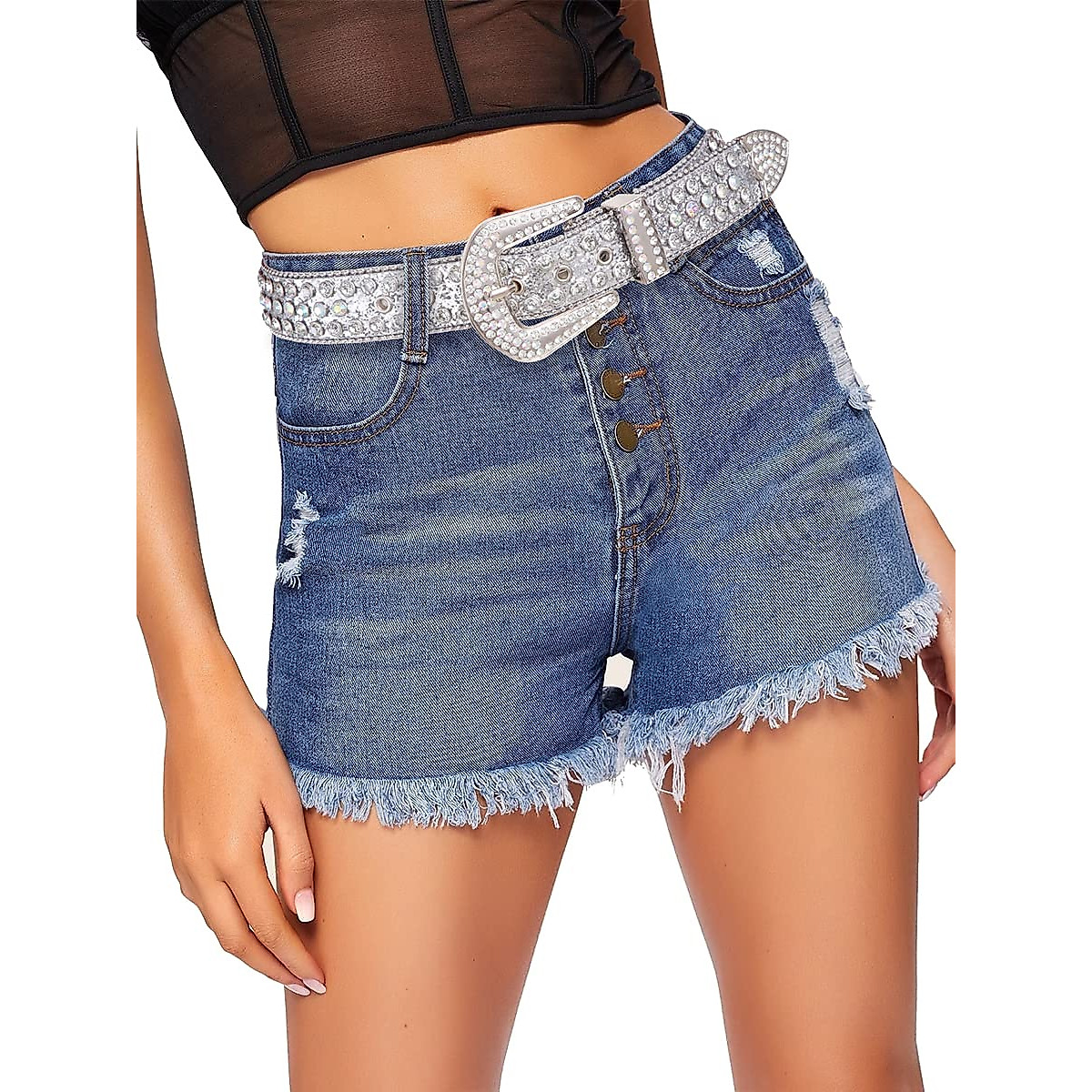 FIORETTO Men Women Rhinestone Belt Bling Shining Diamond Cowgirl Cowboy Western Studded Leather Belt Waist Belt for Jeans Pants Silver