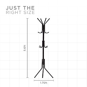 Free-Standing Coat Rack Metal Stand - Hall Tree Entry-Way Furniture Best for Hanging Up Jacket, Purse, Hand-Bag, Cloth, Hat, Winter Scarf Holder - Home or Office Floor Hanger 12-Hooks Organizer, Black