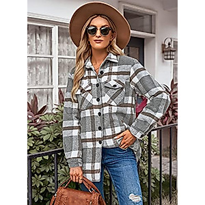 GRAPENT Women's Casual Oversized Boyfriend Plaid Button Down Long Sleeve Shirt Quilted Lined Flannel Shacket Jacket Coat Outerwear Grey Plaid Size Large Size 12 Size 14