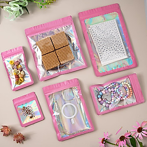 EONJOE 100-pack 3×4 inch mylar bags with clear window holographic resealable sealable packaging zip bag for small bussiness jewelry candy sample food packing supplies （Pink）