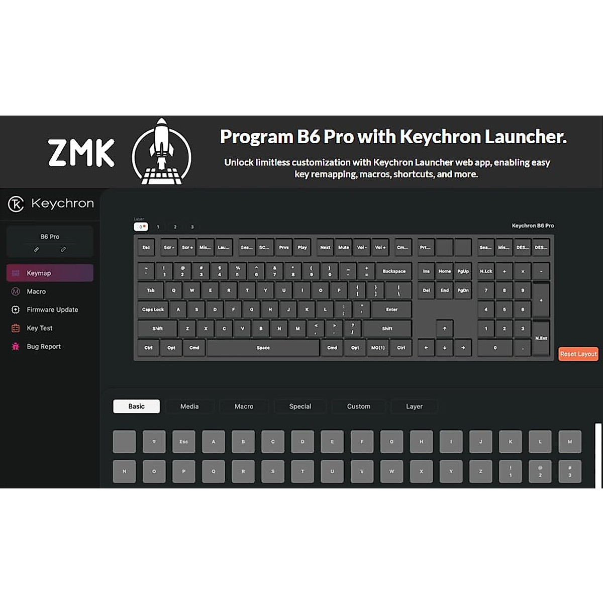Keychron B6 Pro Full-Size Ultra-Slim Wireless ZMK Custom Keyboard, Triple-Mode 2.4 G/Bluetooth 5.2/Wired Programmable, Lightweight Quiet Key with Numeric Keypad for Mac/Windows, Space Gray