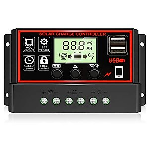 [Upgraded] 30A Solar Charge Controller, Black Solar Panel Battery Intelligent Regulator with Dual USB Port 12V/24V PWM Auto Paremeter Adjustable LCD Display (30a)