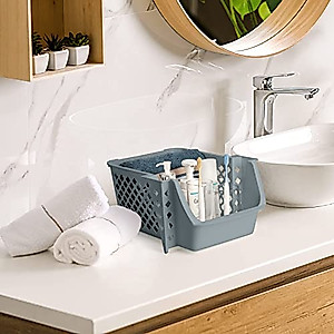 Titan Mall Stackable Storage Bins 4 Pack, Closet Organizer Plastic Bins for Fruit and Vegetable Basket for Pantry, Kitchen, Garage, Kids Room Toy Organizers and Storage Bins Gray (Made in America)