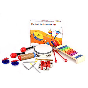 EASTROCK 13 Pcs Musical Instruments Set Toy for Children,Best Gifts for Children,Include Tambourine,Xylophone,Triangle Instrument,Guiro,Maracas,Castanets,Wrist Bells