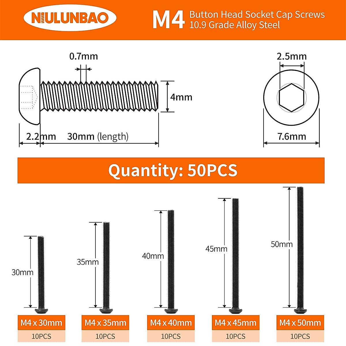 NIULUNBAO M4 x 30mm 35mm 40mm 45mm 50mm Button Head Socket Cap Screws Bolts, 10.9 Grade Alloy Steel Metric, Black Oxide Finish, Allen Hex Drive, Machine Fully Threaded, Assortment Kit 50PCS