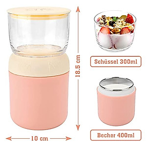 Gralara Lunch Pot Yogurt Container 2 Tier Spoon Portable Detachable Stainless Steel for Milk Salad Soup Yogurt Adults, Pink