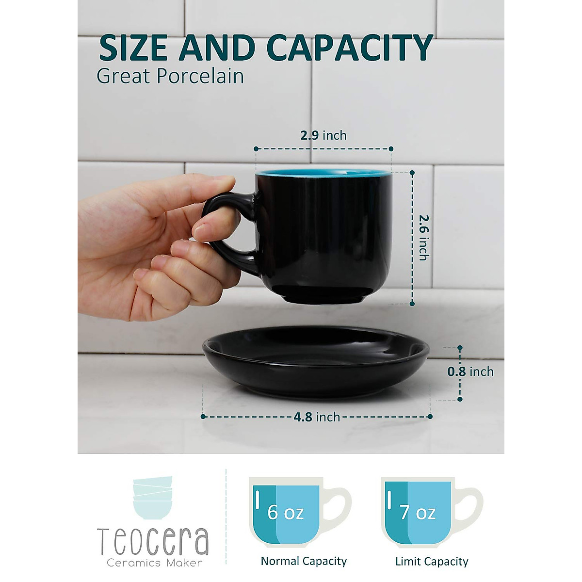 Teocera Porcelain Cappuccino Cups with Saucers - 6 Ounce for Coffee Drinks, Latte, Cafe Mocha and Tea - Set of 6, Black Multi Color