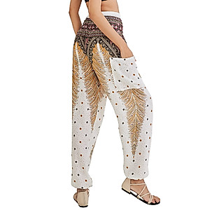 Joob Joob Boho Pants for Women - Hippie Harem Pants Women - Womens Yoga Pants – Comfy Bohemian Flowy Hippie Clothes - Medium White