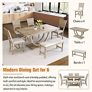 Wood Half Round Dining Table Set, Modern 6-Piece Kitchen Table Set with Long Bench and 4 Dining Chairs, Padded Chairs & Bench Set of 6, Half Round Legs Dining Table (Natural+beige,Half Round Legs)