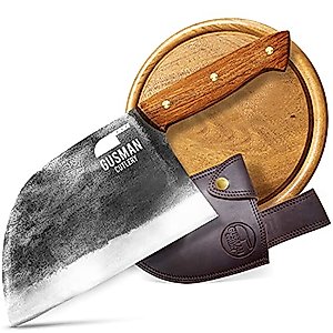 GUSMAN CUTLERY Serbian Chef Knife - Heavy Duty Butcher Knives Set Professional Carbon Steel Cleaver Knife w/ Sheath Rustic Full Tang Big Camp Bone Chopper for Men BBQ Cutting Kitchen Cooking Chopping