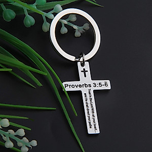 BEKECH Christian Keychain Trust in The Lord Proverbs 3:5-6 Keychain Cross Charm Religious jewelry Christian Gift (silver cross)