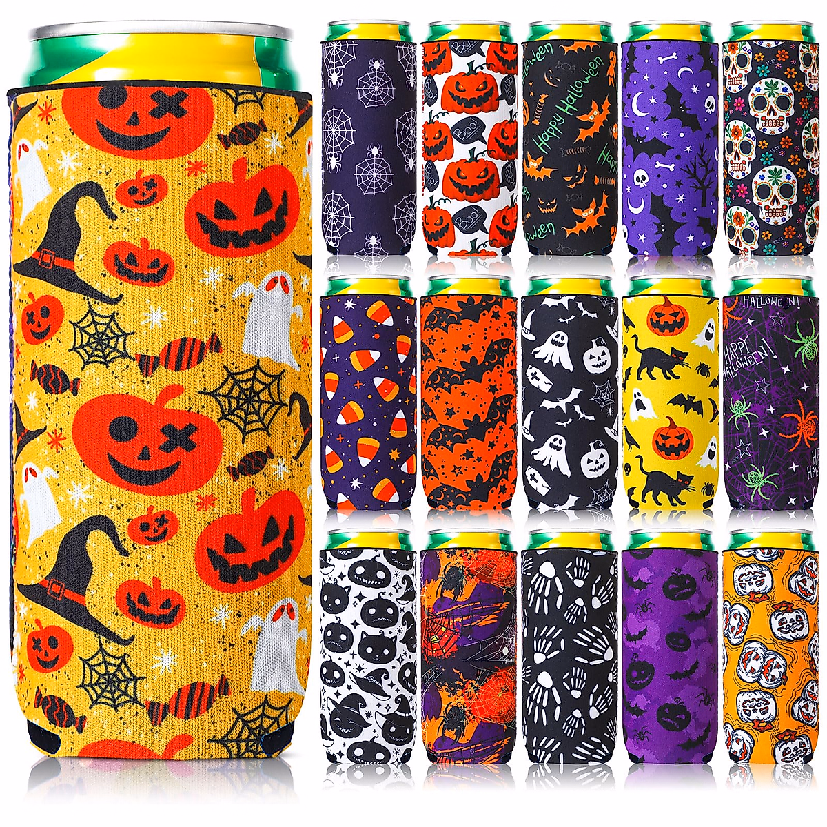 Zhehao 16 Pcs Halloween Can Cooler Sleeves Skinny Skull Bottle Cooler Neoprene Insulated Adult Halloween Party Favors Pumpkin Cat Spider Gift Alcohol Holder Beverage for Party Supplies (Stylish Style)