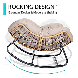 LEYCAY Outdoor Patio Rocking Chair, Royal Papasan Chair, Oversize Indoor Reading Chair with Cushion for Living Room Front Porch Garden Balcony Lawn-Cream