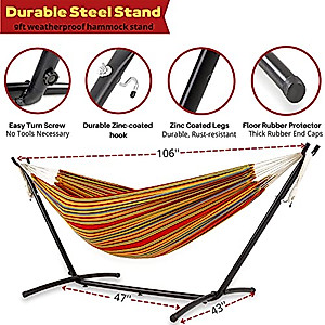 ACH Double Hammock with Stand Included 2 Person Heavy Duty Strong Portable Hammocks Indoor and Outdoor with Pillow-Carrying Bag for Outside Patio Backyard Lawn-450lb Capacity Rainbow