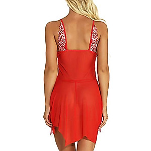 klier Lingerie for Women Lace Babydoll Sexy Chemise V Neck Mesh Sleepwear Dark Red