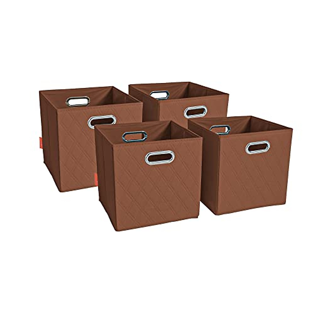 JIAessentials Large 13-inch Brown Foldable Diamond Patterned Faux Leather Storage Cube Bins Set of Four with Handles with Dual Handles for living room, bedroom and office storage