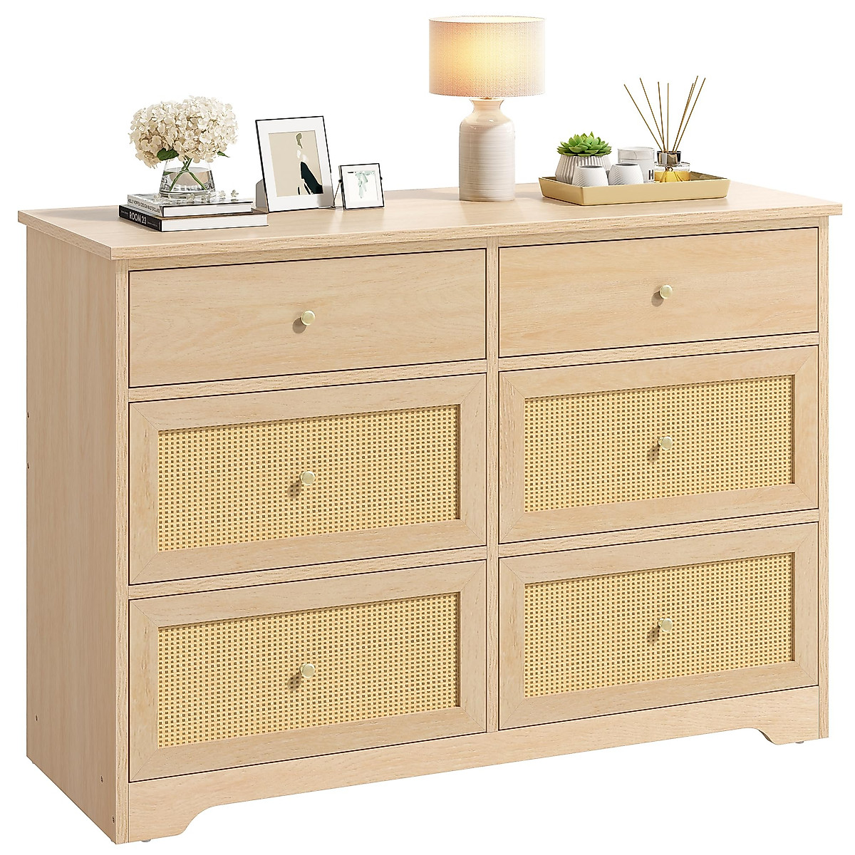 YITAHOME Rattan Dressers & Chests of Drawers，6 Drawer Modern Closet Dresser, Natural