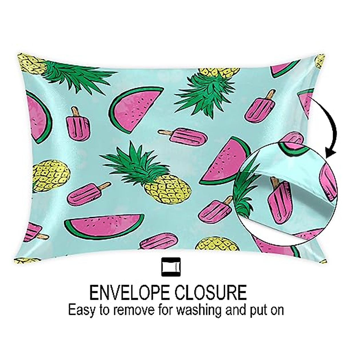 Pineapple Watermelon Popsicle Satin Pillow Cases Silk Satin Pillowcase for Hair and Skin Standard Set of 2 Super Soft Silk Pillowcase with Envelope Closure (20x26 in)