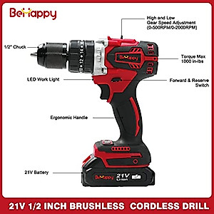 BeHappy Cordless Drill Combo Kit 21V, 1/2 Inch Brushless Power Tool Kit and 1/4 Inch Impact Driver, Electric Drill Kit with 2 Batteries and Charger, DIY