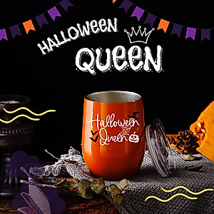 Halloween Decorations Gifts for Women Teens Adults, 12oz Pumpkin Inspired Stemless Wine Water Tumbler, Funny Gifts for Halloween Lovers or Party's Hostess, Halloween Party Supplies - Halloween Queen