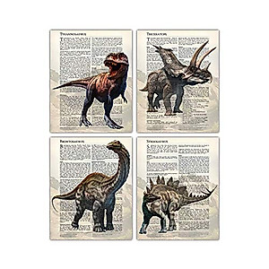 TRex, Triceratops, Brontosaurus, Stegosaurus Set of 4, 8x10 Dinosaur Wall Art: Embark on a Jurassic Journey with This Dinosaur Room Decor for Boys, Girls & Teens - Great Dinosaur Poster for Bedroom
