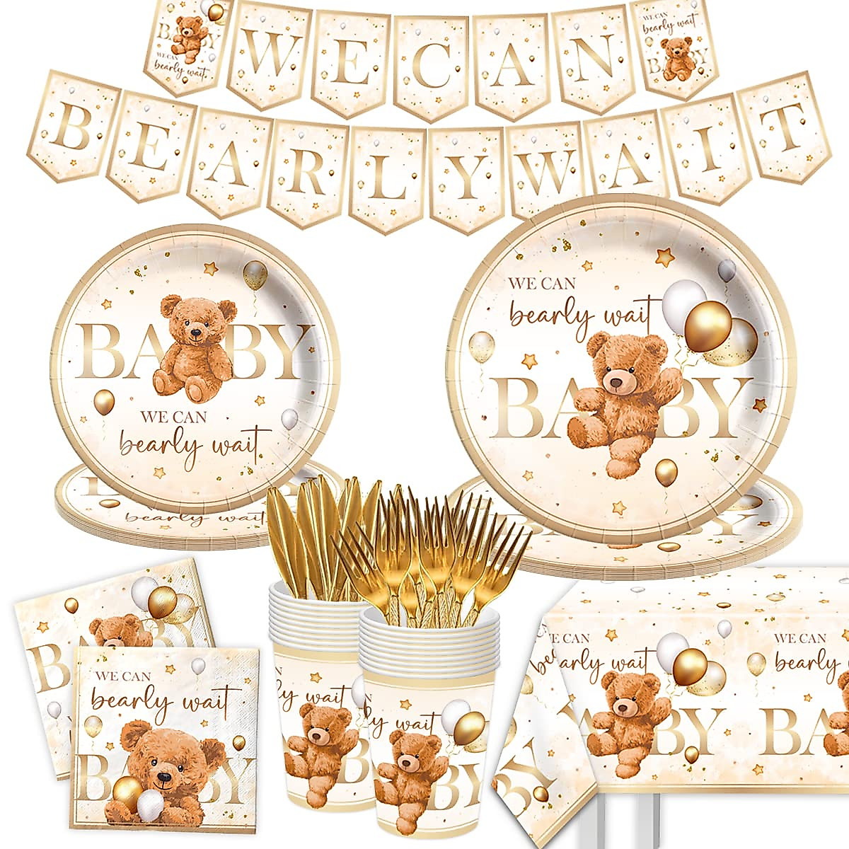 Teddy Bear Baby Shower Decorations for Boy-142Pcs We Can Bearly Wait Tableware,Brown Bear Theme Plates and Napkins Set Serves 20 Guests,Teddy Bear Baby Shower Birthday Party Supplies