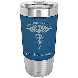 LaserGram 20oz Vacuum Insulated Tumbler Mug, Veterinarian, Personalized Engraving Included (Faux Leather, Blue)